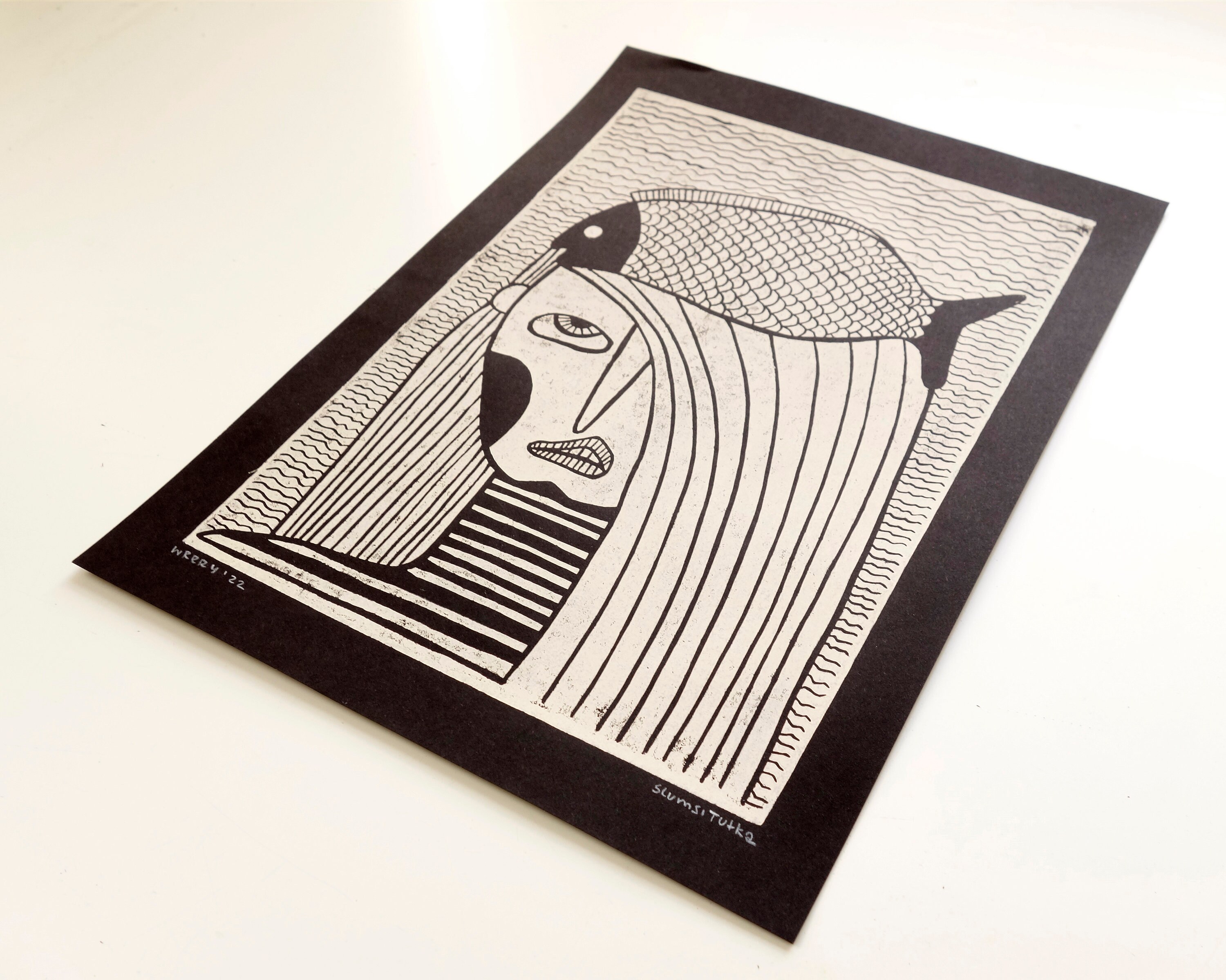Woman With Fish Linocut Art Print, Home Decor, Female Print ...