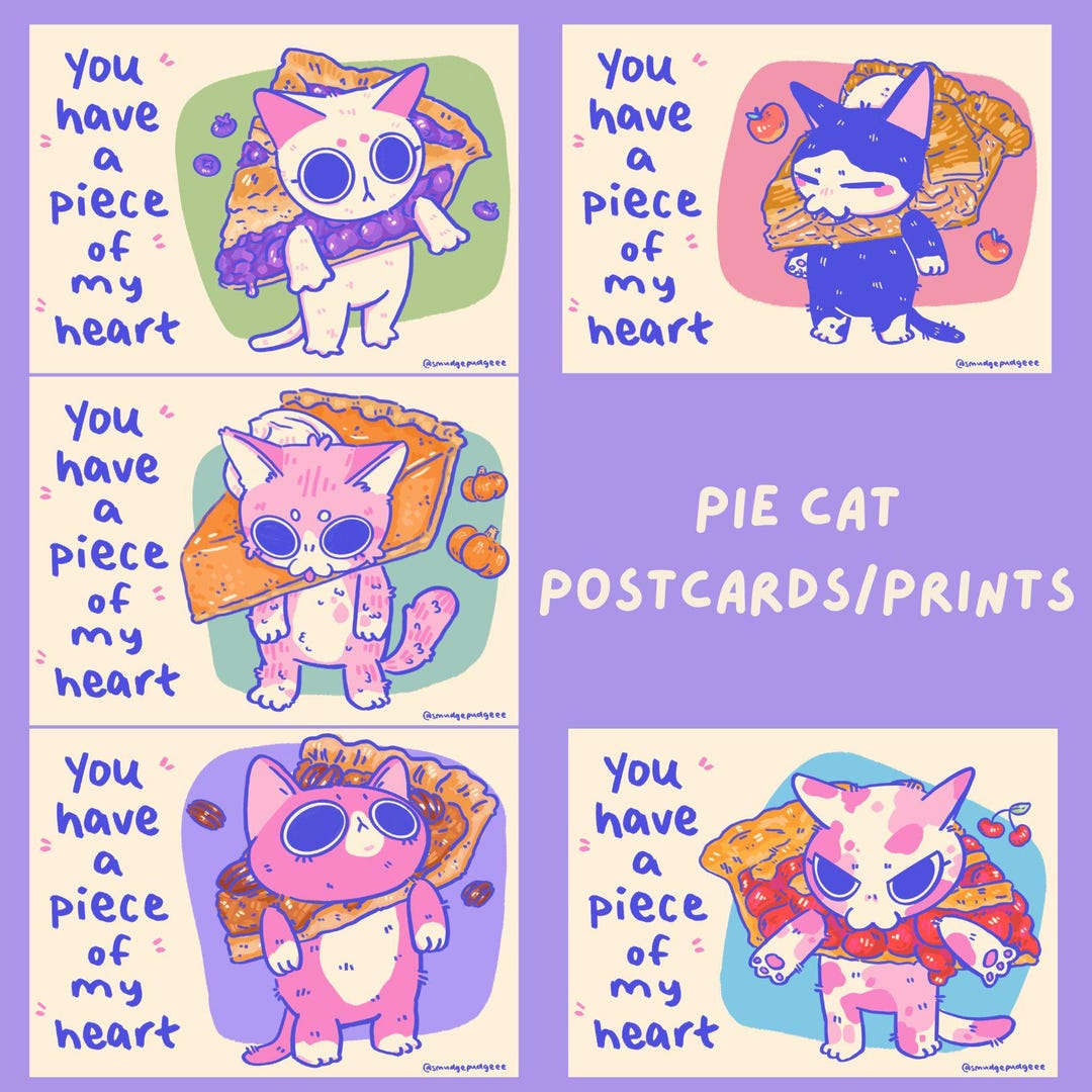 Cute Pie Cat POST CARDS, Themed Cats, Handmade Prints, Decoration, Art ...