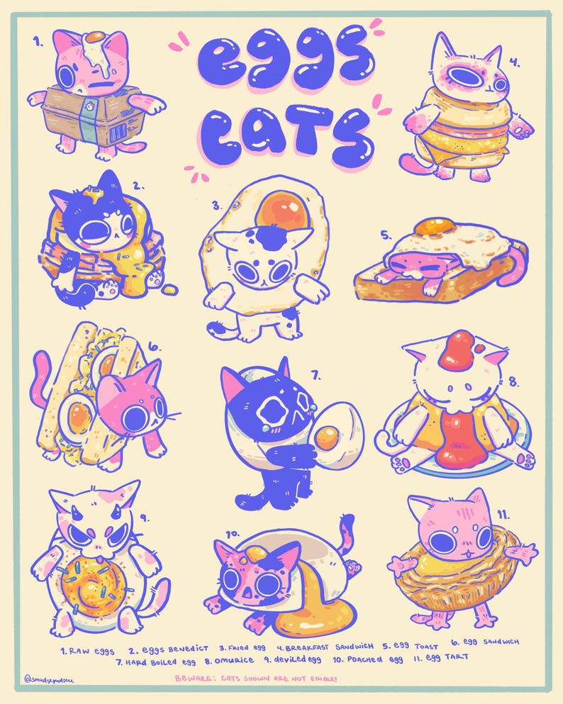 Egg Cats Poster Print, Catthemed Cats, Handmade Prints, Decoration, Art ...