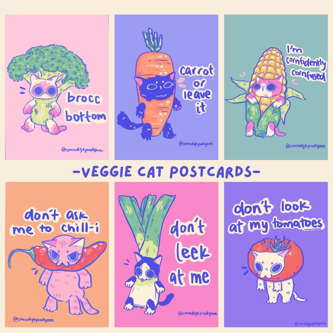 Cute Vegetable Cat POST CARDS, Themed Cats, Handmade Prints, Decoration ...