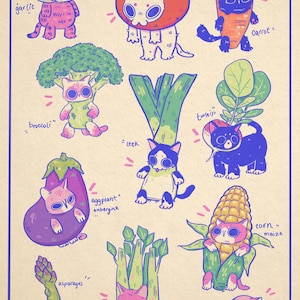 Cute Vegetable Cat Cavallini Inspired Poster Print, Themed Cats ...