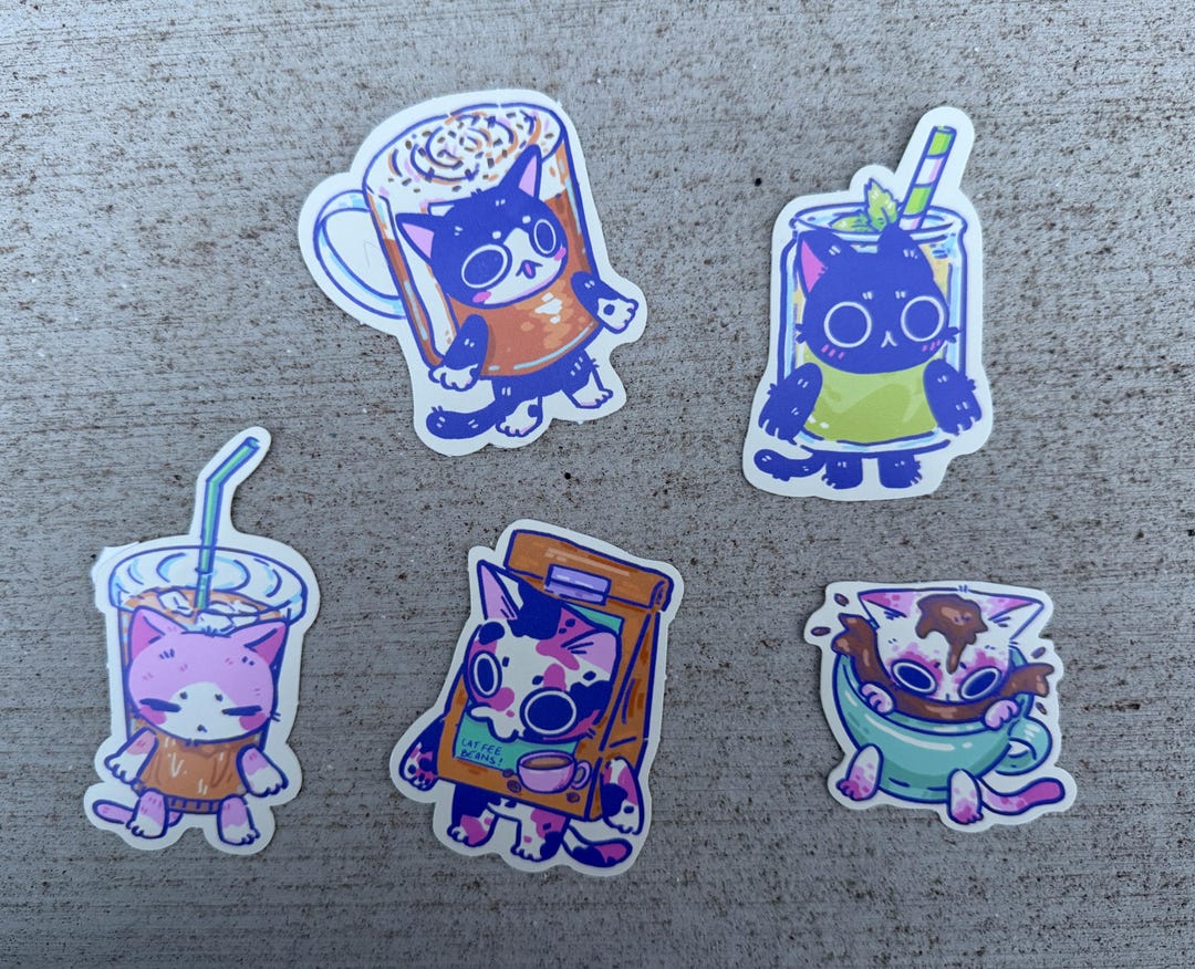 Cute Cafe DRINKS Cat Stickers, Cozy Coffee Shop Themed Cats, Coffee ...
