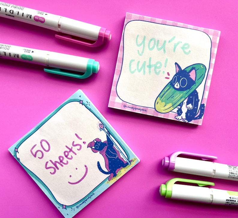 Cute Cat Post It Notes, Sticky Notes, Cucumber Cat, Wizard Cat - Etsy