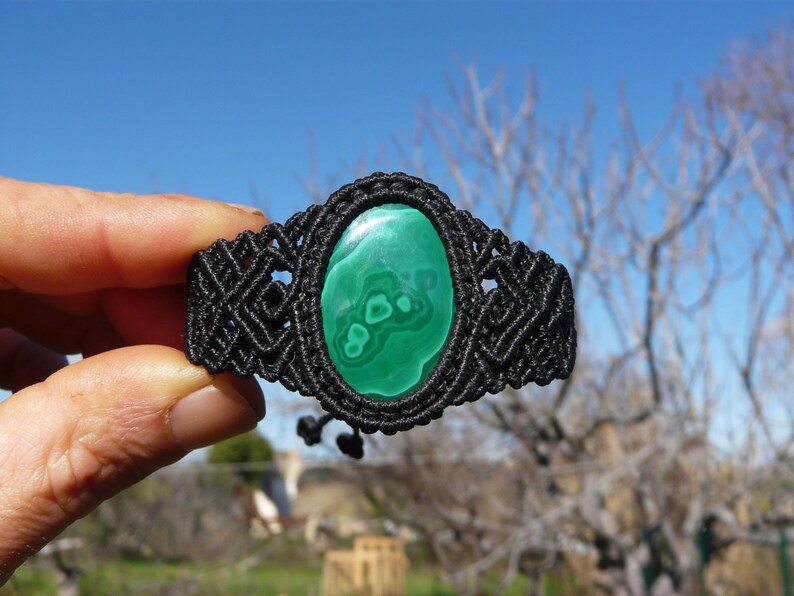 Natural Malachite and Black Macrame Bracelet - Adjustable Boho Jewelry ...