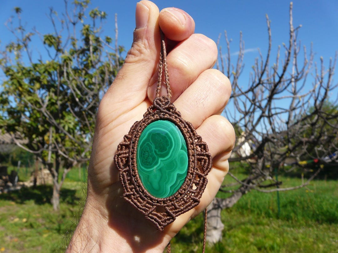 Natural Malachite Stone Pendant, Handmade Macrame Spiritual Jewelry ...