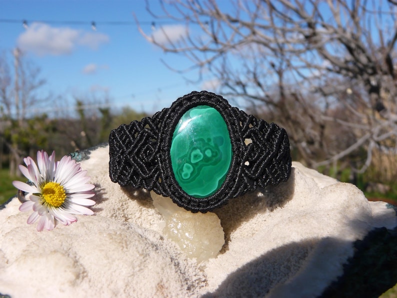 Natural Malachite and Black Macrame Bracelet - Adjustable Boho Jewelry ...