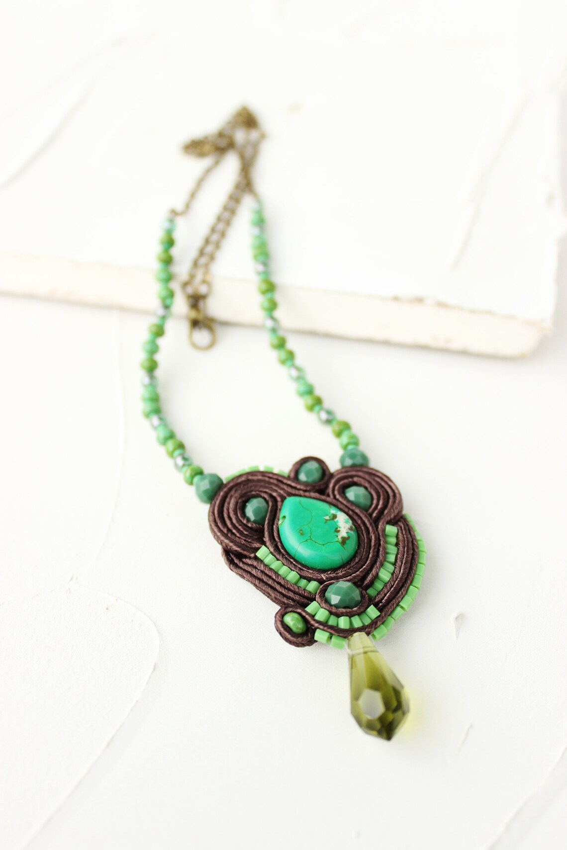 Green Stone Pendant With Chain Brown Necklace With Gemstones - Etsy