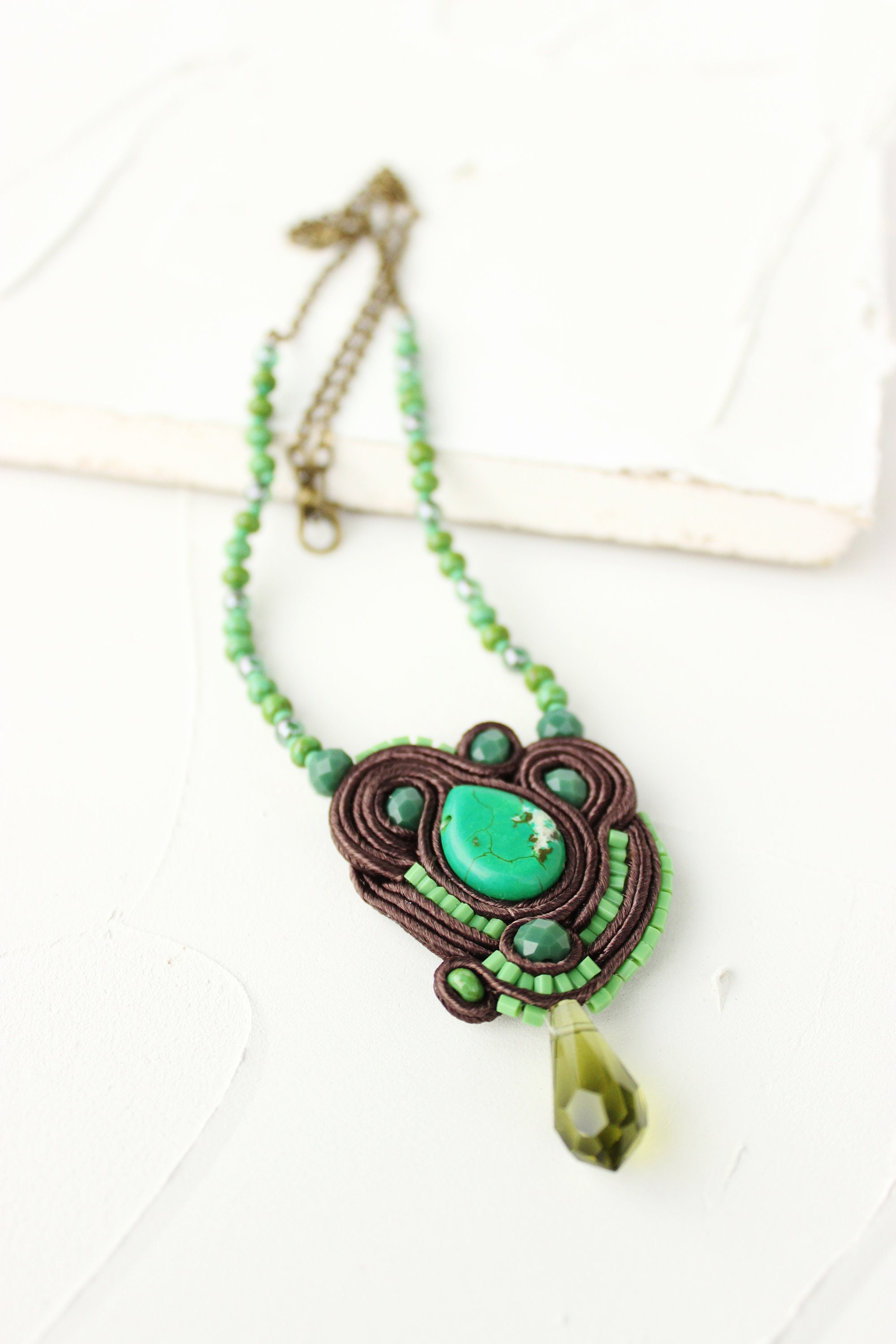Green Stone Pendant With Chain Brown Necklace With Gemstones | Etsy