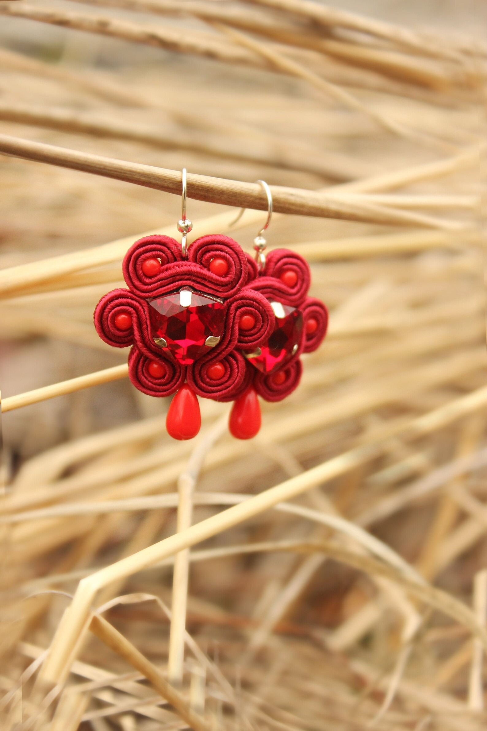 Red Crystal Earrings Dangle Small Red Statement Earrings - Etsy
