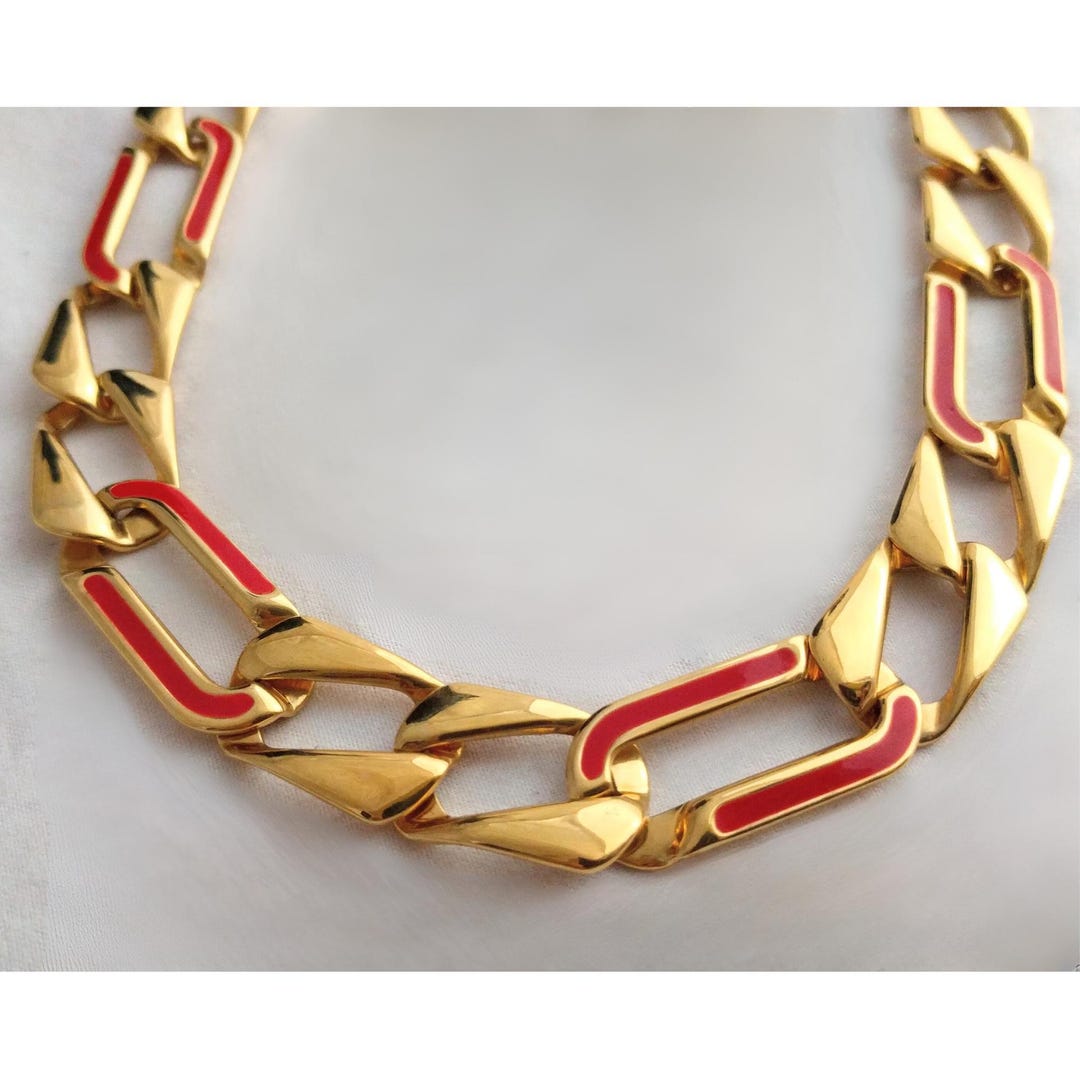 Vintage MONET Gold Chain Necklace – 21" Wide Chain Link With Red Enamel ...