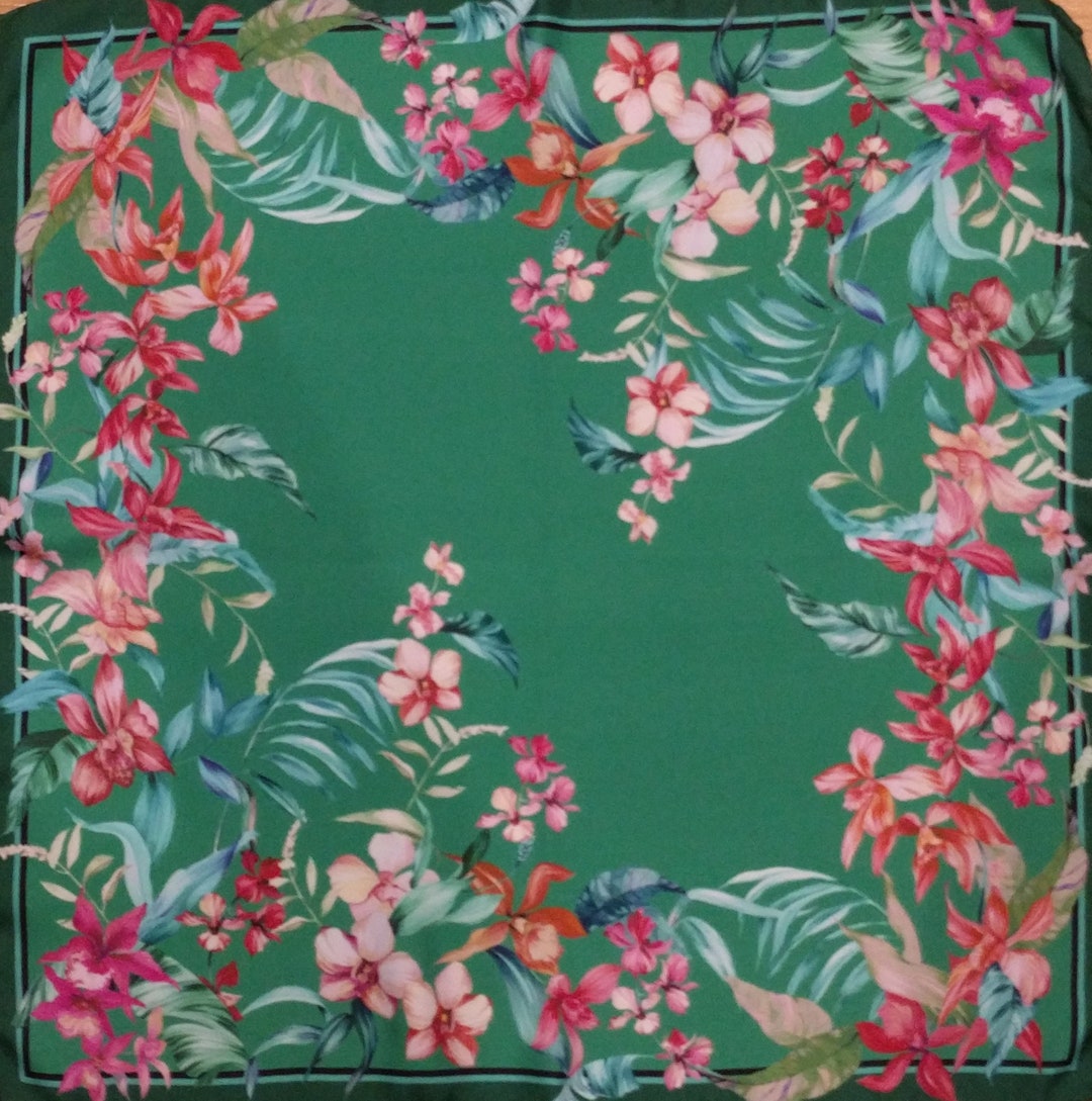 Italian Silk Scarf – Small Green Como Silk Scarf, Red & Pink Accents ...