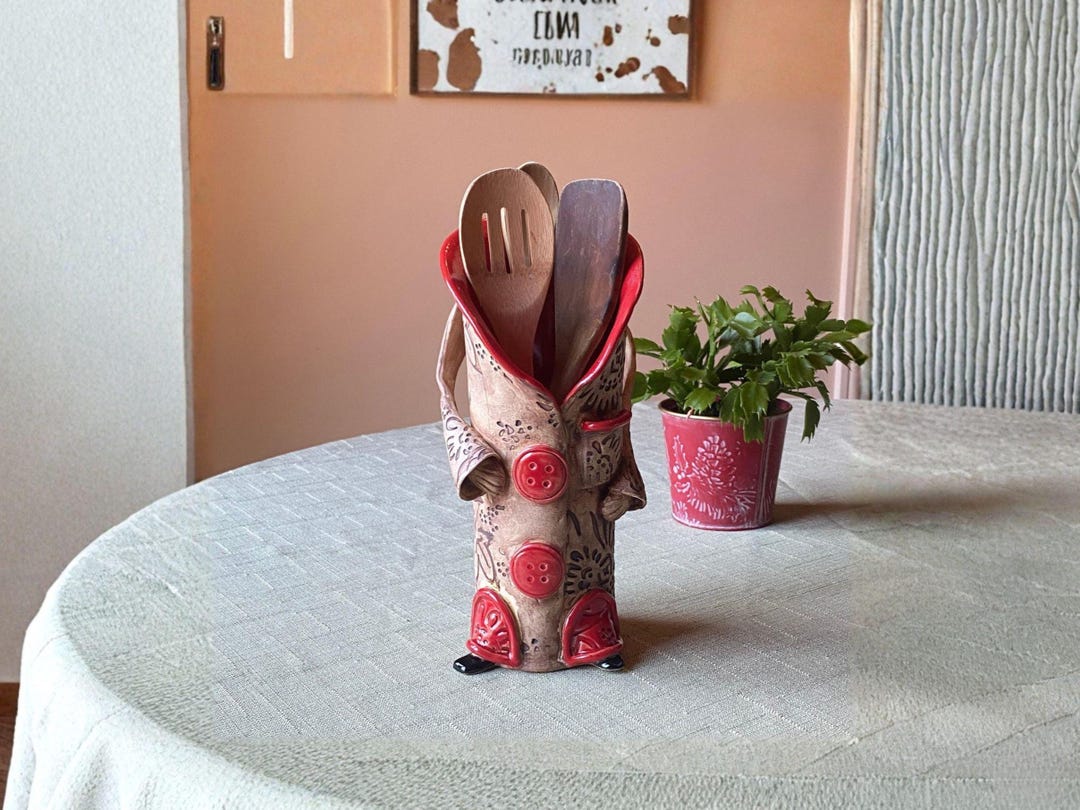 Red Utensil Crock or Holder for the Countertop, Whimsical Tall Ceramic ...