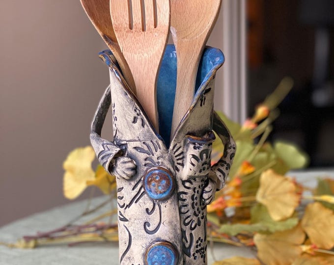 Blue Kitchen Utensil Tool Holder, Whimsical Tall Vase or Planter ...
