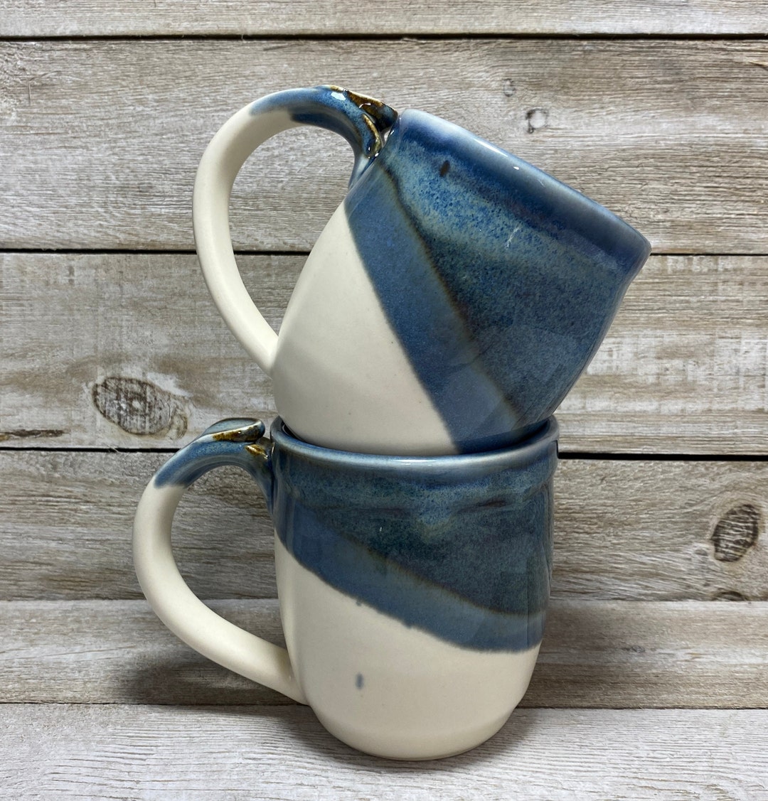 10 Fl. Oz Blue & White Stoneware Mug | Coffee /tea Cup, Handmade ...