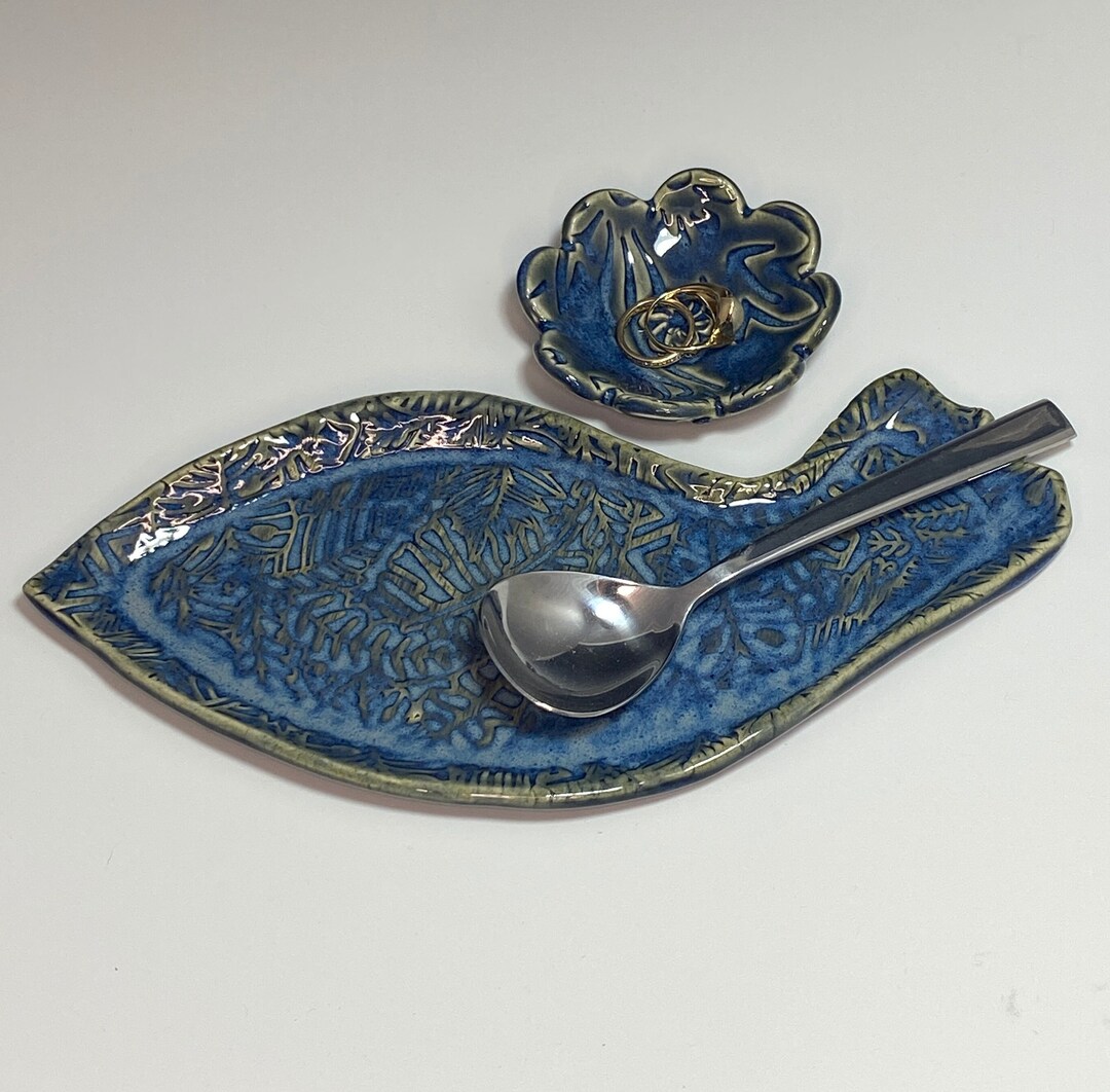 Blue Ceramic Fish Spoon Rest Set, Fish Spoon Tray, Pottery Spoon Rest ...