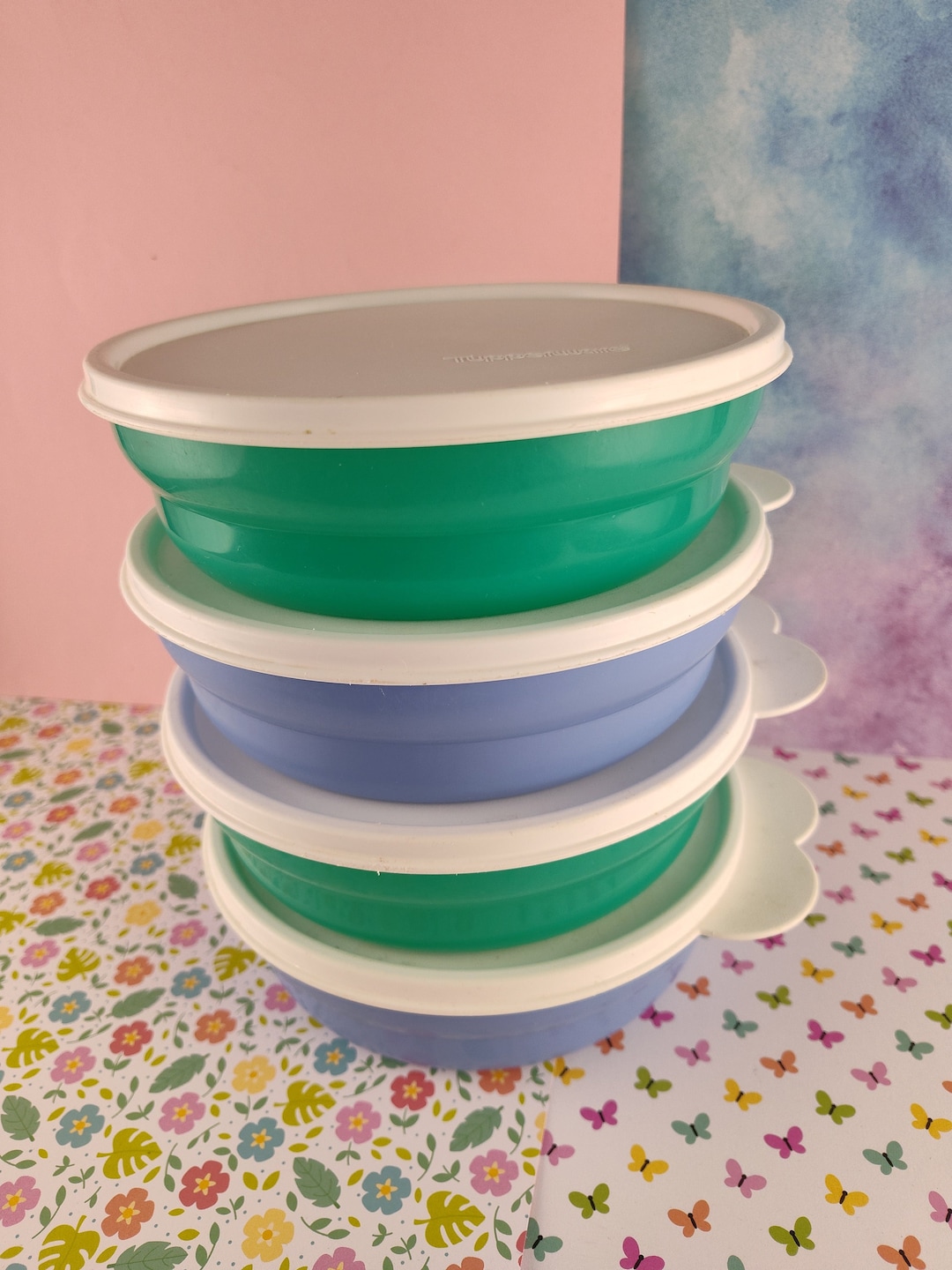 Vintage Tupperware Round Containers Blue/green W/tabbed Lids 2415B-3 ...
