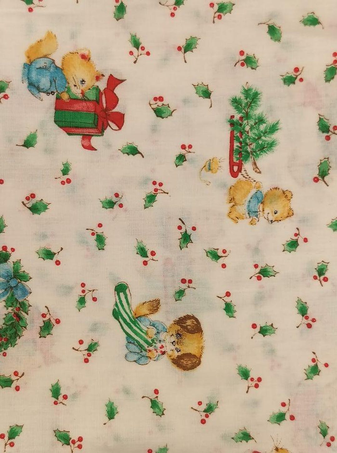 Vintage Christmas Winter Festive Animal Friends Fabric Remnant, 1-1/3 ...