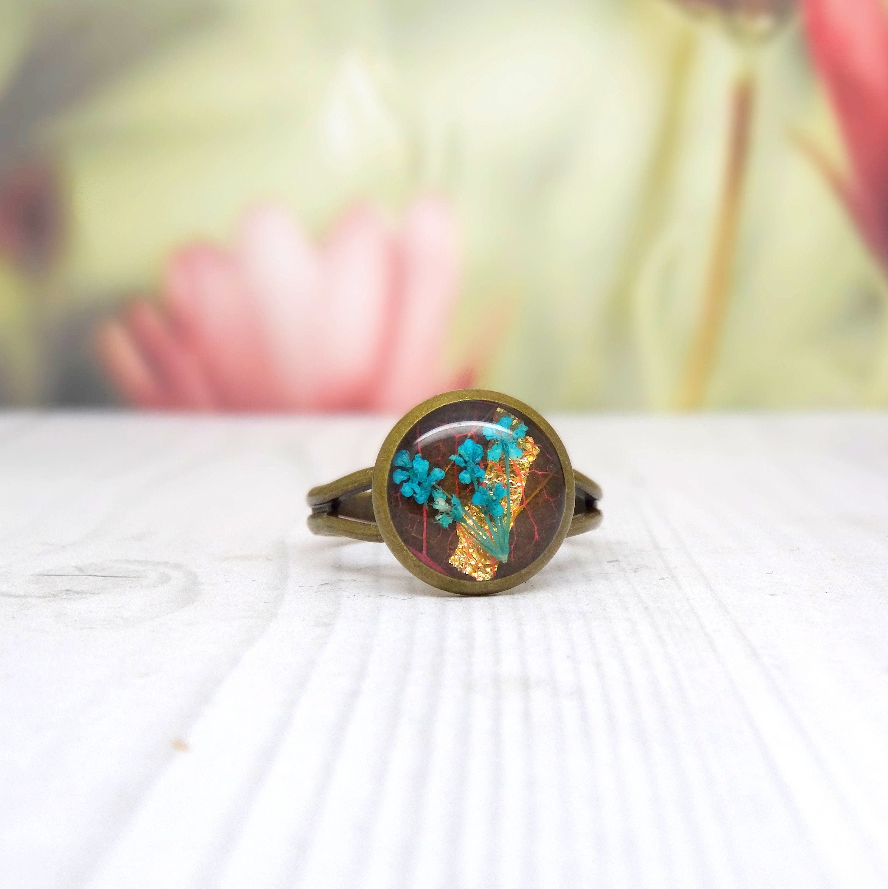 Real flower ring, unique adjustable ring, handmade ring, real flower ...