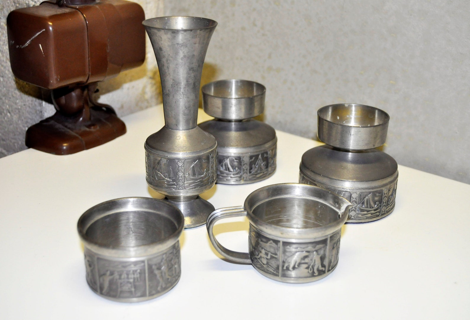 Groenlandica Norway Tinn Pewter Set W 3-D Sailing-fishing-hunting ...