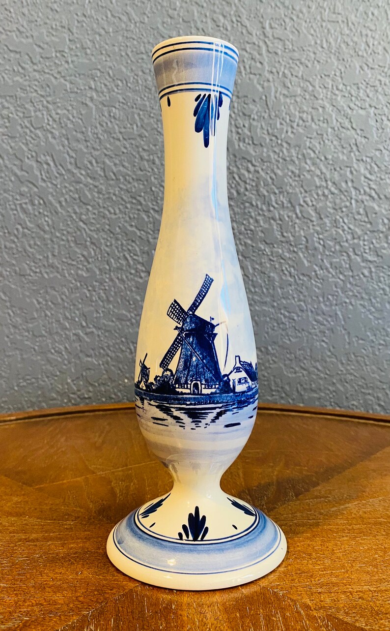 Vintage Hand Painted Delft-blauw Vase Featuring Windmill and Ships Made ...