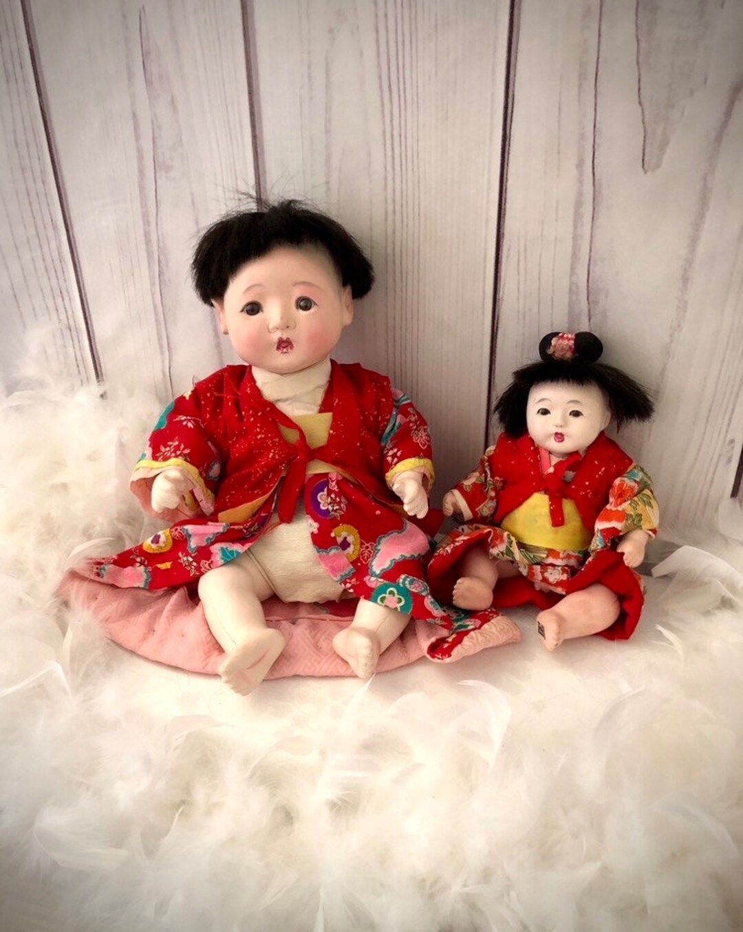 2 Vtg Japanese Gofun Dolls.glass Eyes.strung.real Hair.kimomo ...
