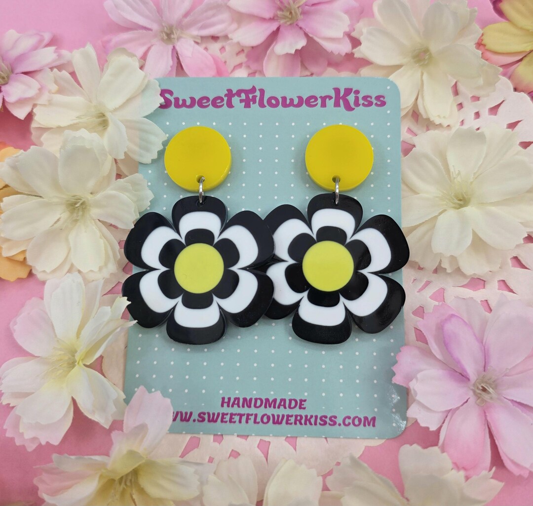 Retro Flower Power Earrings, Black, White Acrylic Daisies With Yellow Studs, 60s MOD Statement ...