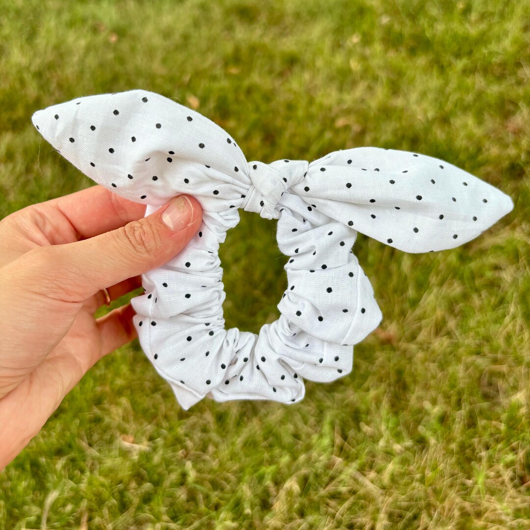 Polka Dot Bunny Ear Scrunchie, Black and White Hair Bow - Etsy