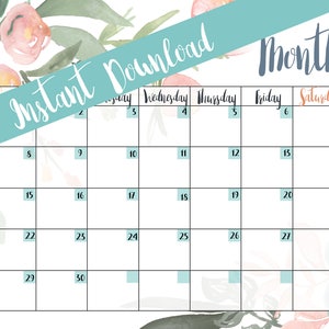 PRINTABLE 8.5x11 Monthly Calendar, Peach Navy Green Foliage, Watercolor ...