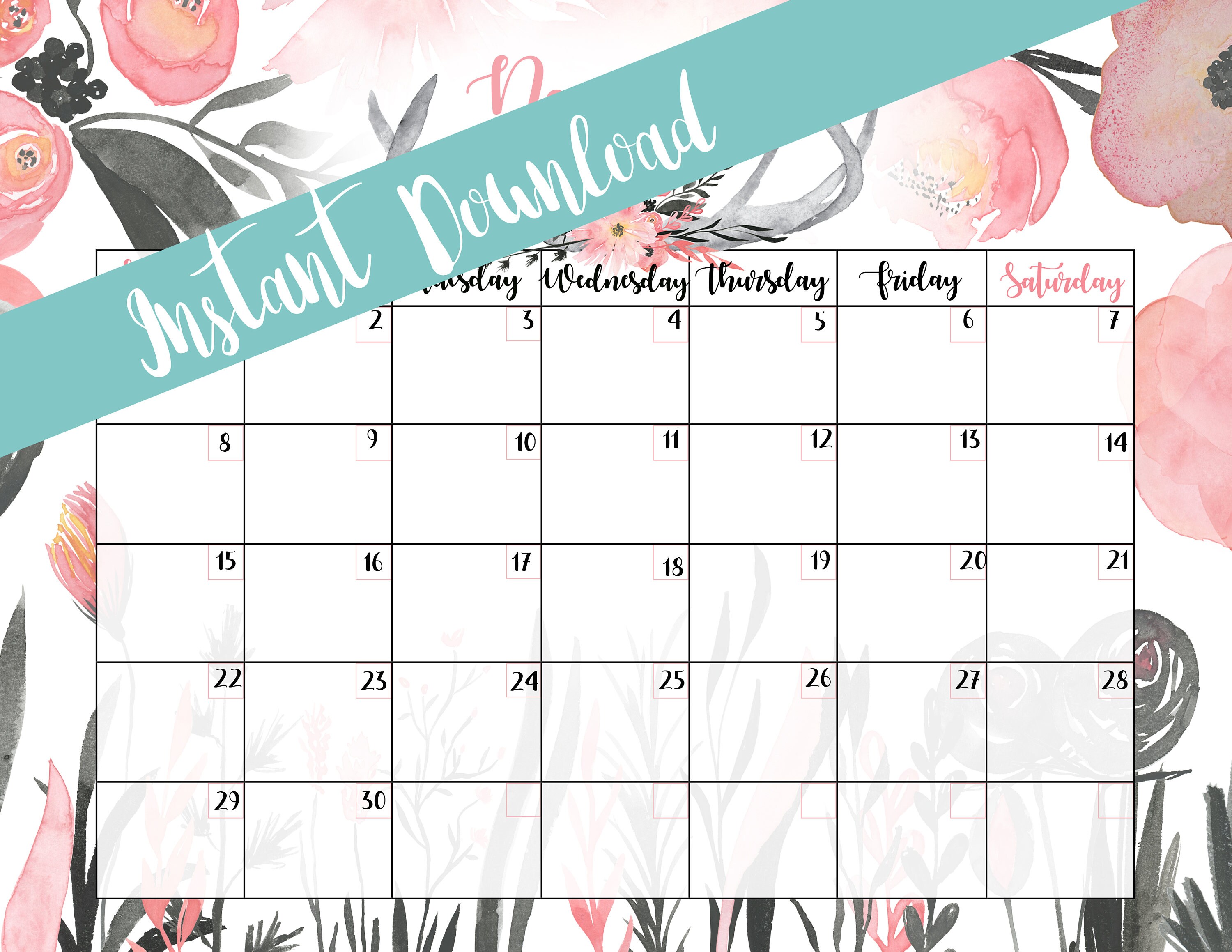 PRINTABLE 8.5x11 Monthly Calendar Pink Grey Black - Etsy
