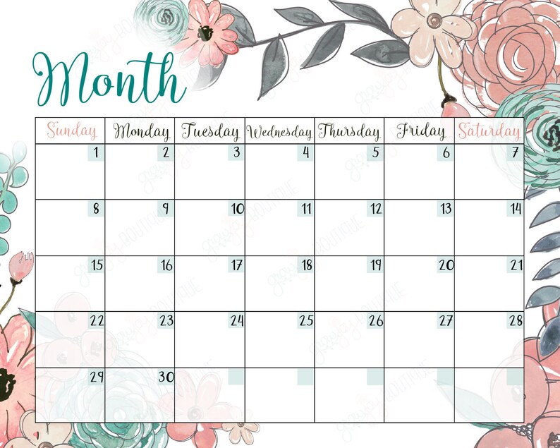 PRINTABLE 16x20 Monthly Wall Calendar Teal Blush | Etsy
