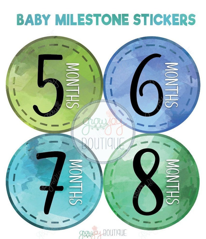 Blue Green Baby Boy Month Stickers Large Numbers Dashed | Etsy