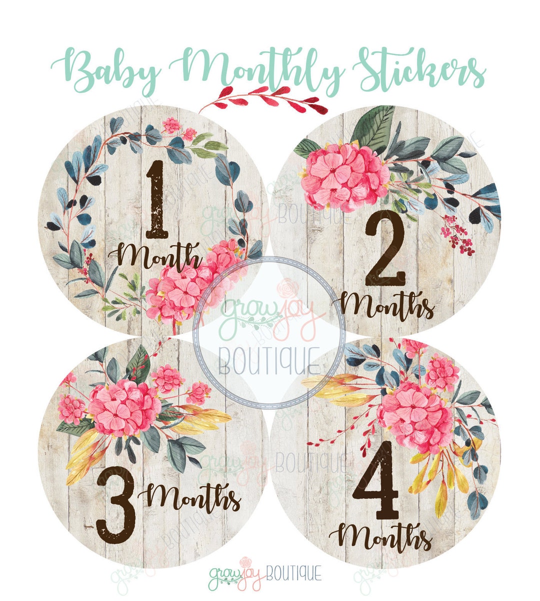Rustic Monthly Milestone Stickers, Rustic Flowers Months Stickers ...