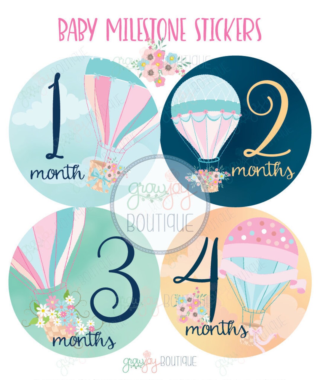 Hot Air Balloon Months Stickers, Baby Girl Month Stickers, Monthly ...