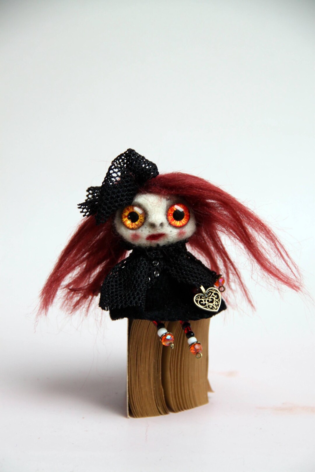 Gothic Needle Felt Doll Brooch - Miniature Wool Art Pin With Big Eyes ...