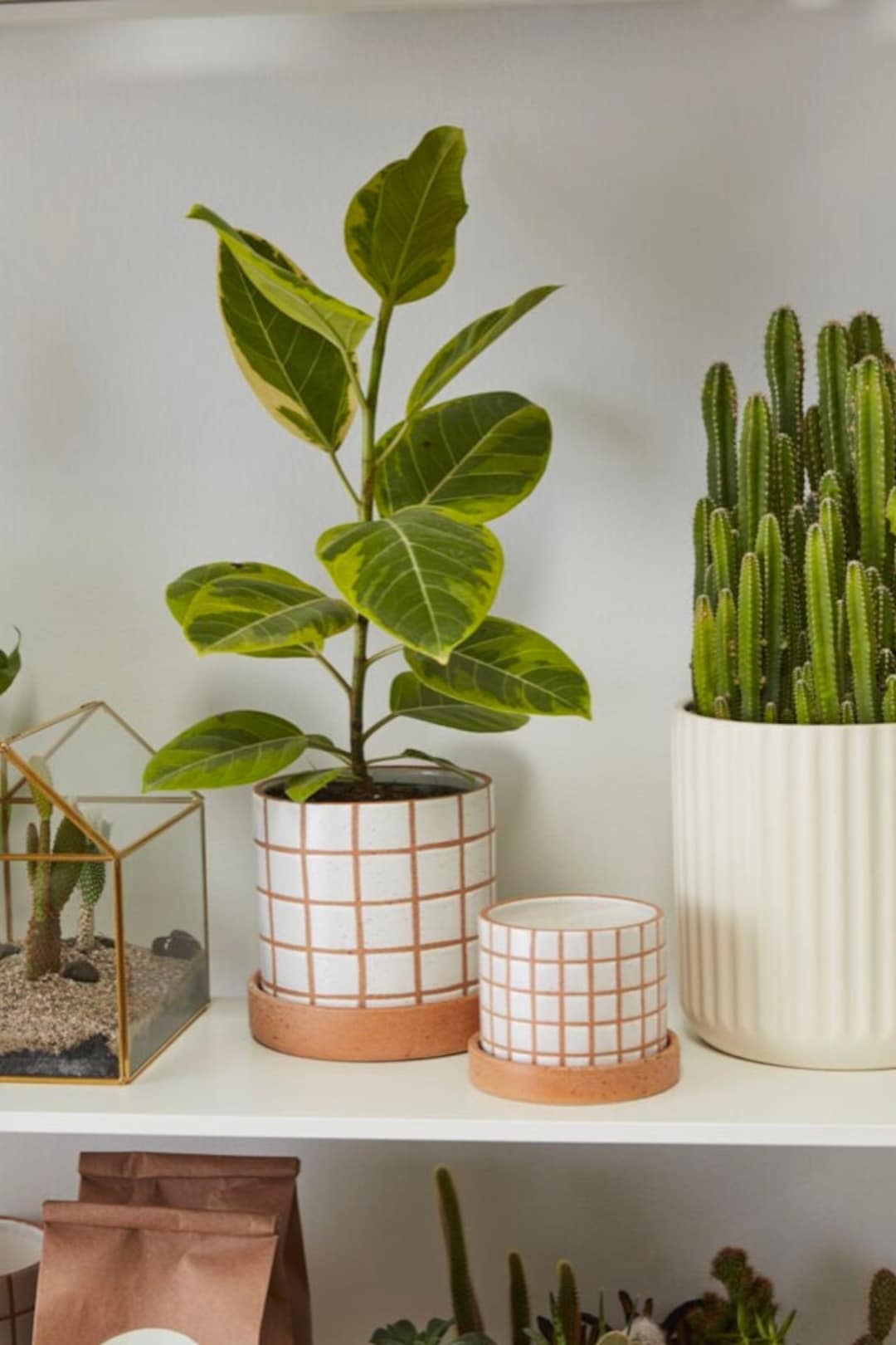 Ceramic Grid Planter With Saucer, Japandi Planter, Large Plant Pot With ...