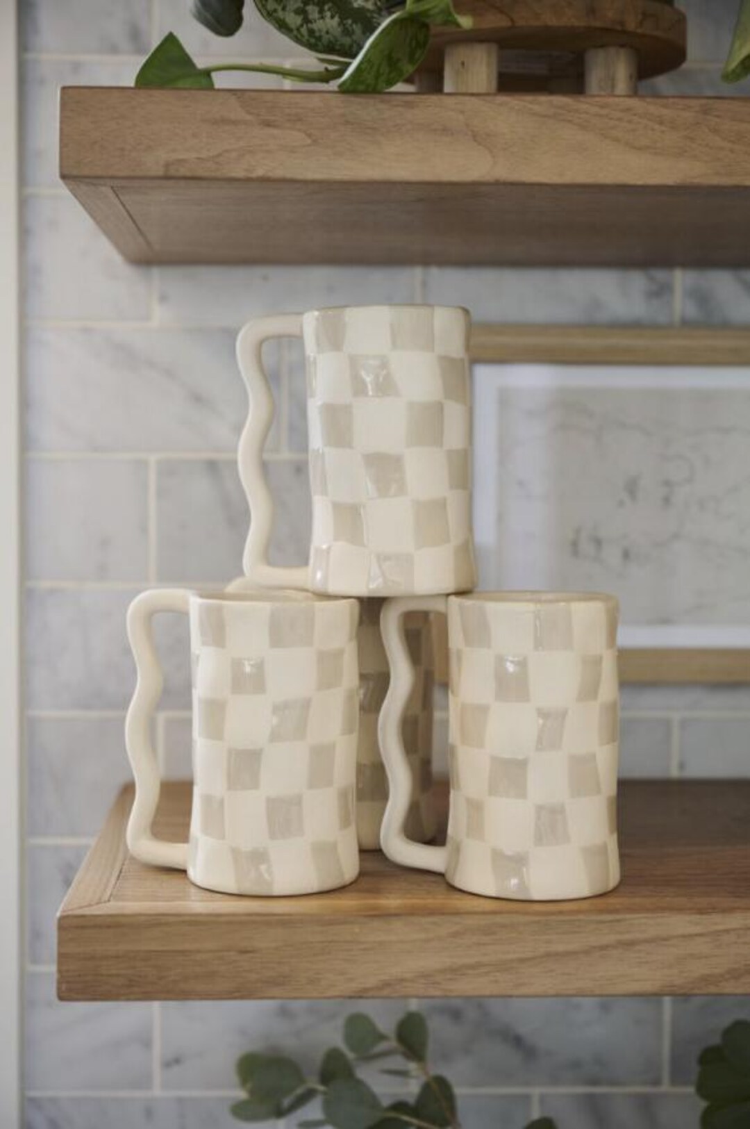 Retro Neutral Checkered Mug, Fun Kitchen Decor, Tall Ceramic Mug ...