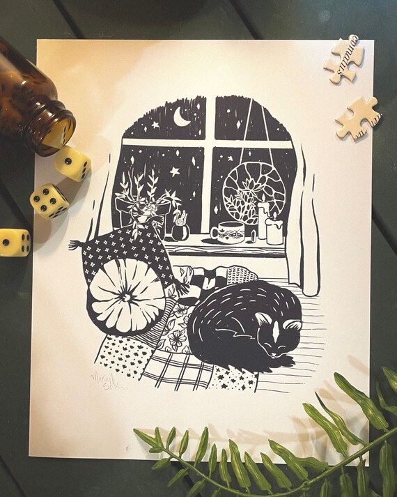 Home Art Print Cozy Cute Cottagecore Cat Art Print | Etsy