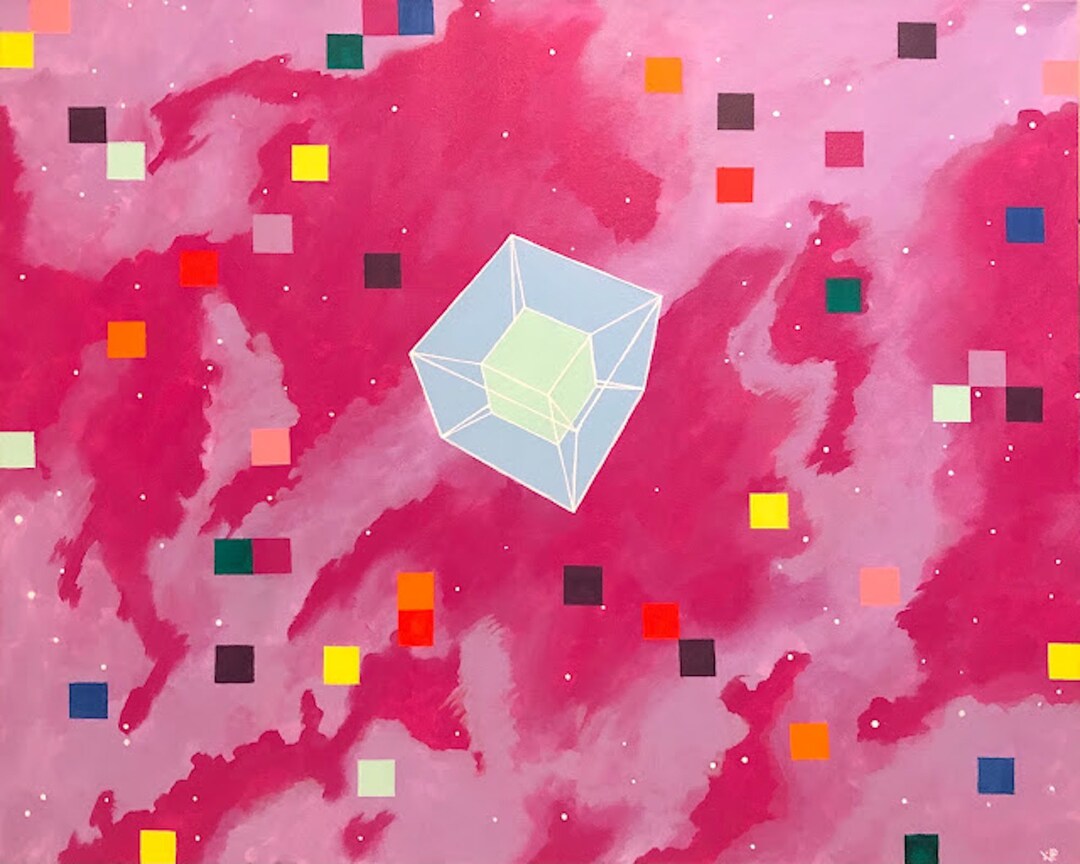 Blue Tesseract in Pixelated Space (original Painting) - Etsy