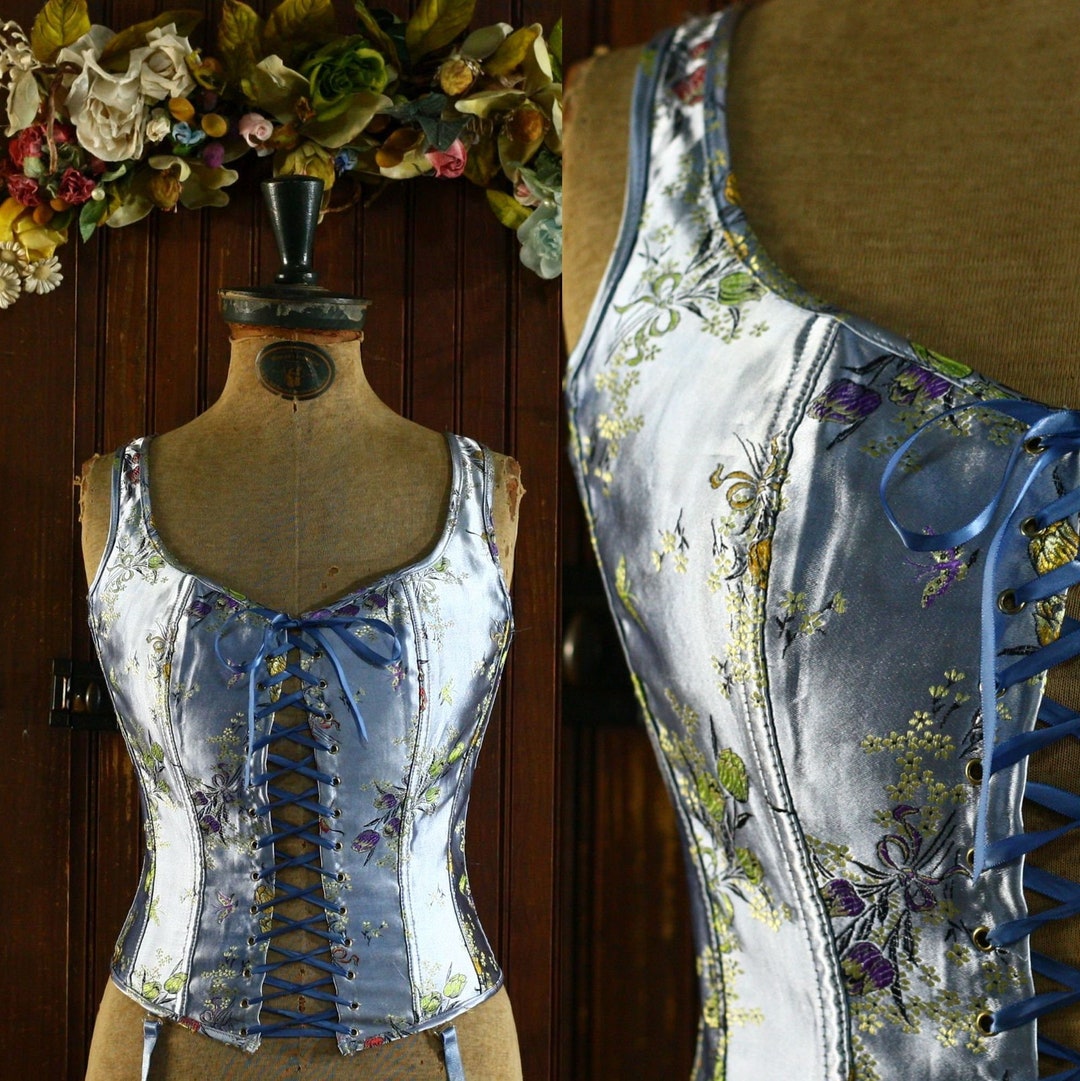 Baby Blue Floral Lace-up Corset Bodice Bustier Side Panels 8 Boned ...