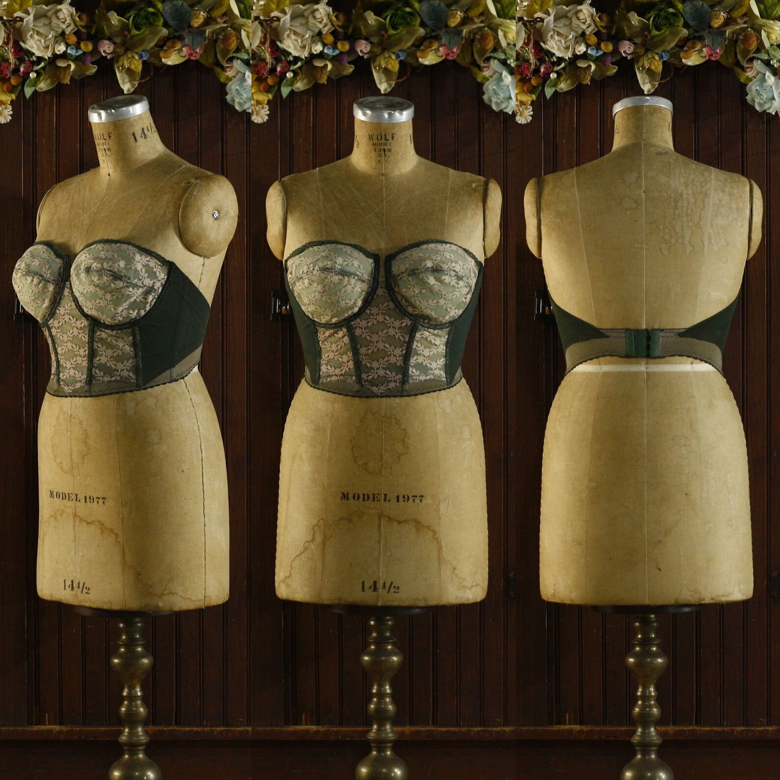 Green Backless Bustier Corset Boned Bra 36D Lace Underwire 1970's ...