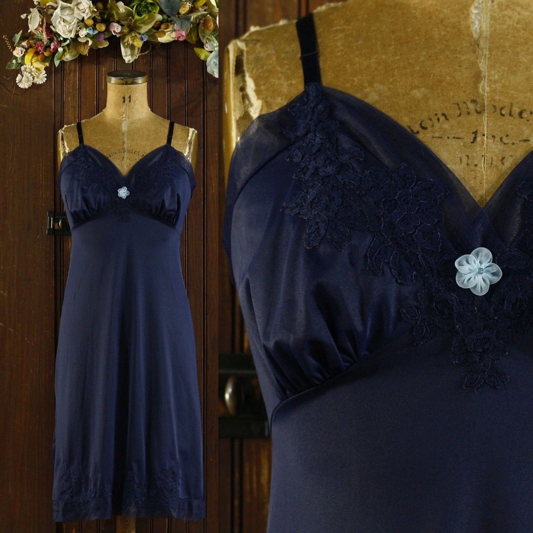 Deep Navy Blue Chiffon Rim& Applique Lace Bodice Empire Waist Nylon ...