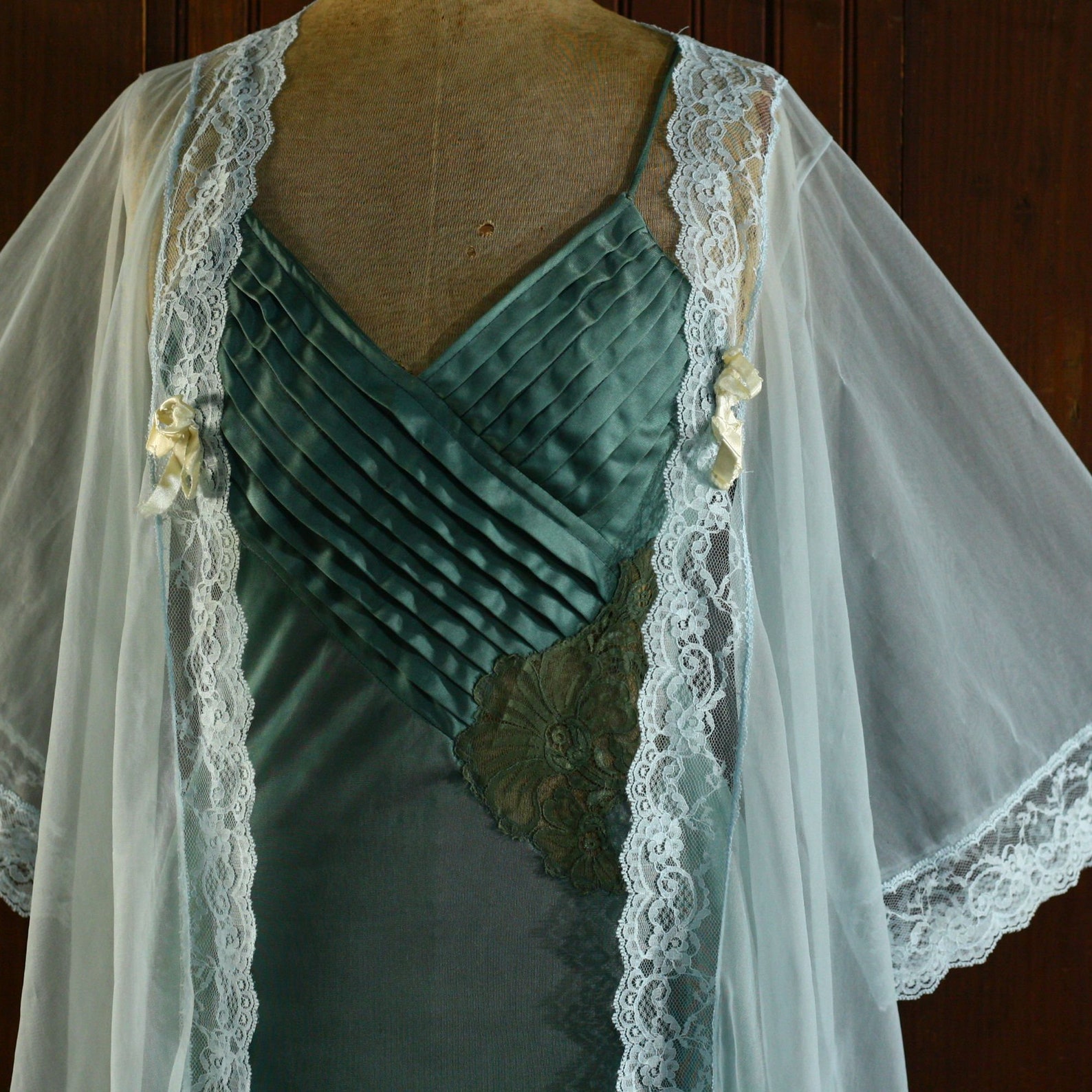 Ice Blue Frothy Nylon Chiffon Cream Satin Bows Nightgown Lingerie ...
