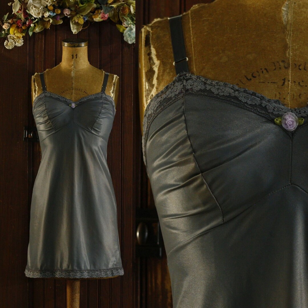 Pewter Gray Empire Waist Lace Trim Taffeta Nylon Micro Mini Slip Dress ...