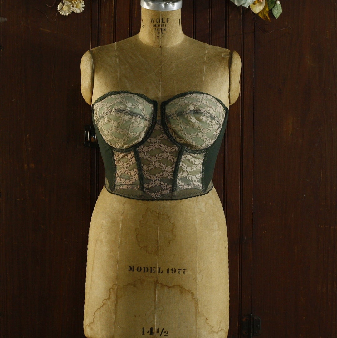 Green Backless Bustier Corset Boned Bra 36D Lace Underwire 1970's ...