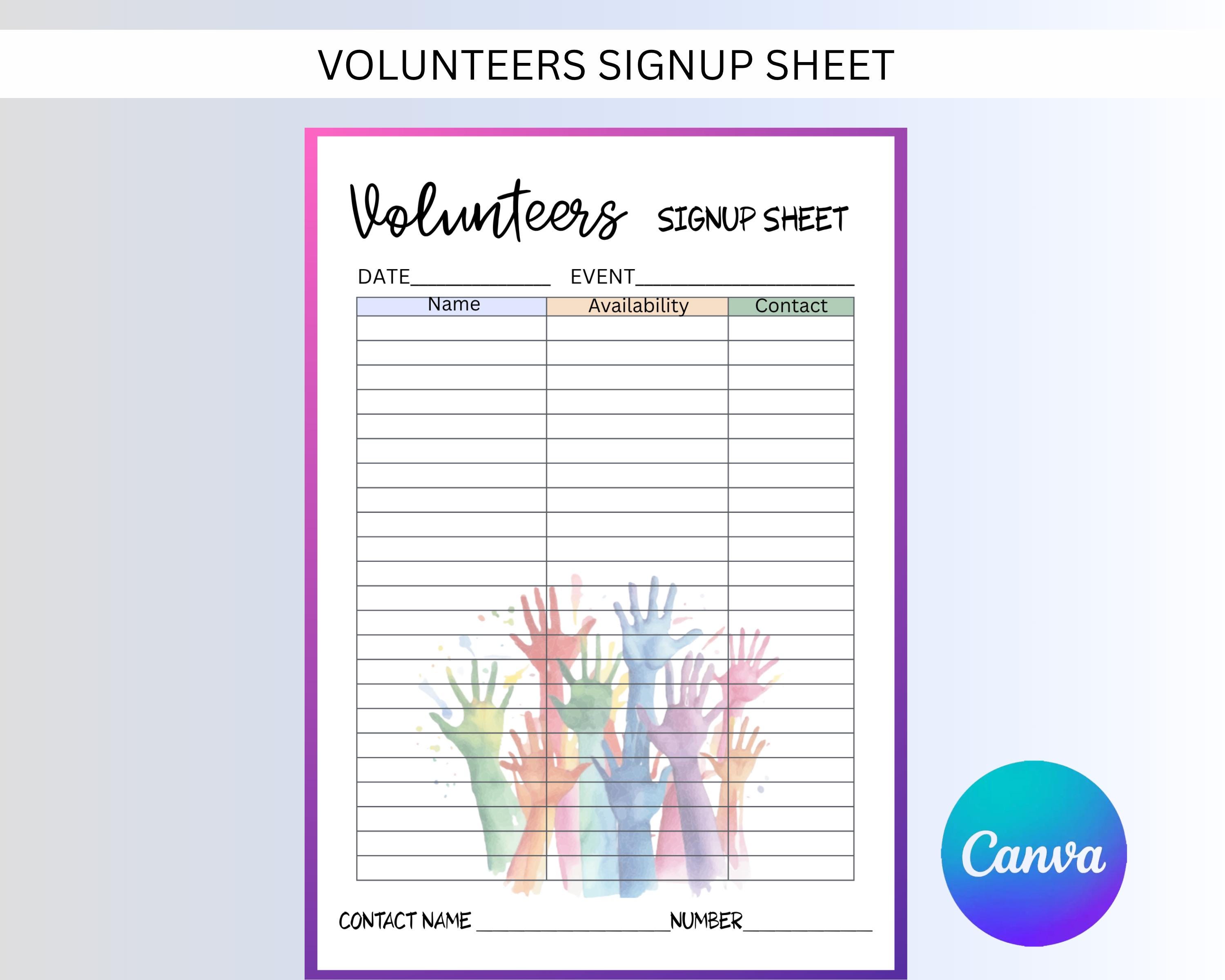 Editable Volunteer Sign-up Sheet Template: Canva Printable (instant ...