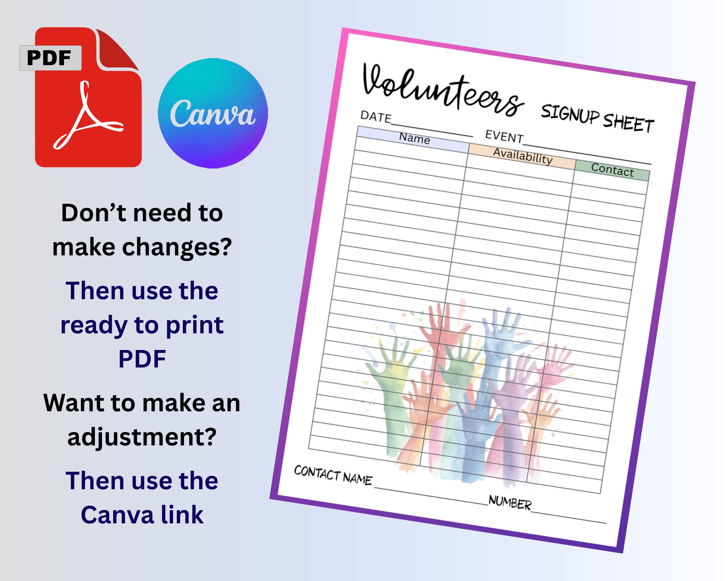 Editable Volunteer Sign-up Sheet Template: Canva Printable (instant ...