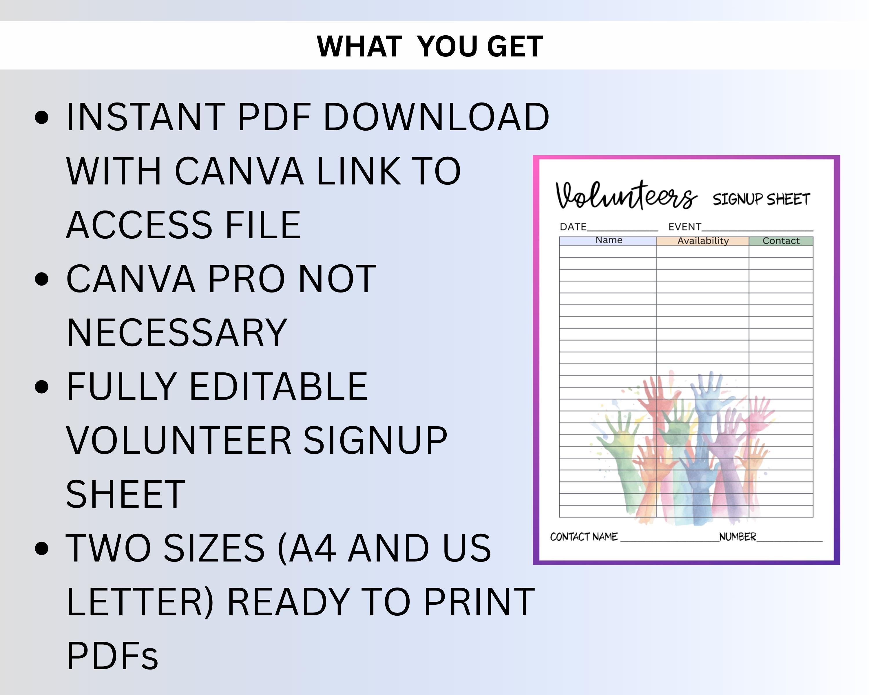 Editable Volunteer Sign-up Sheet Template: Canva Printable (instant ...