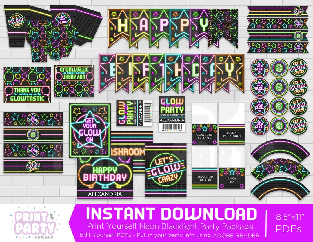 Printable Neon Glow Birthday Party Decorations, Teen Blacklight Glow ...