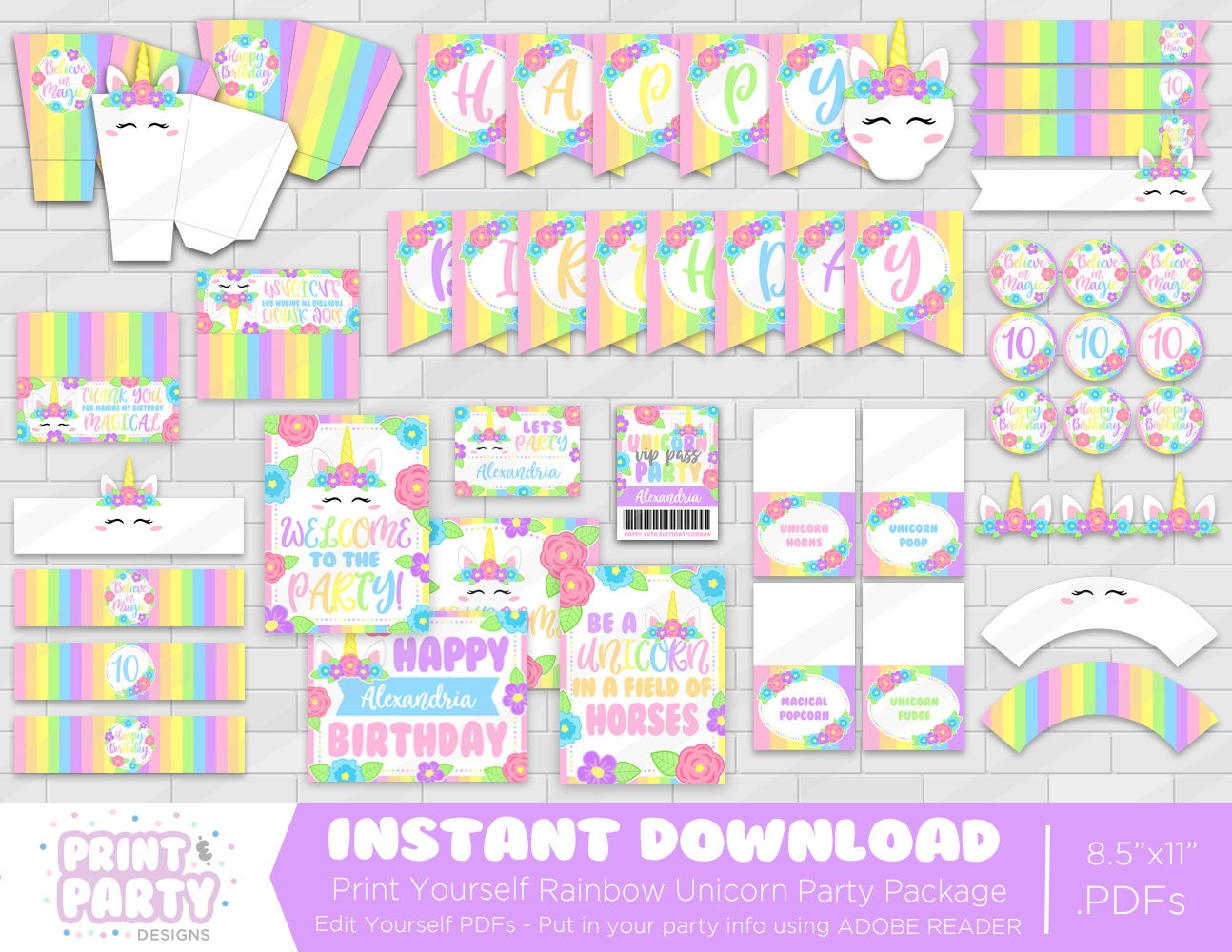 Printable Rainbow Unicorn Birthday Party Decorations, Girl's Unicorn ...