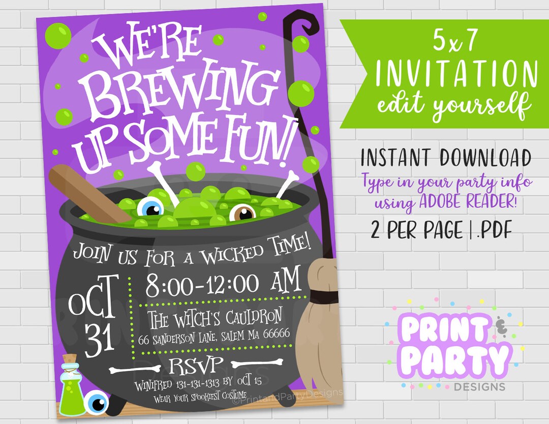 5x7 Printable Witch Cauldron Halloween Party Invitation, Halloween ...